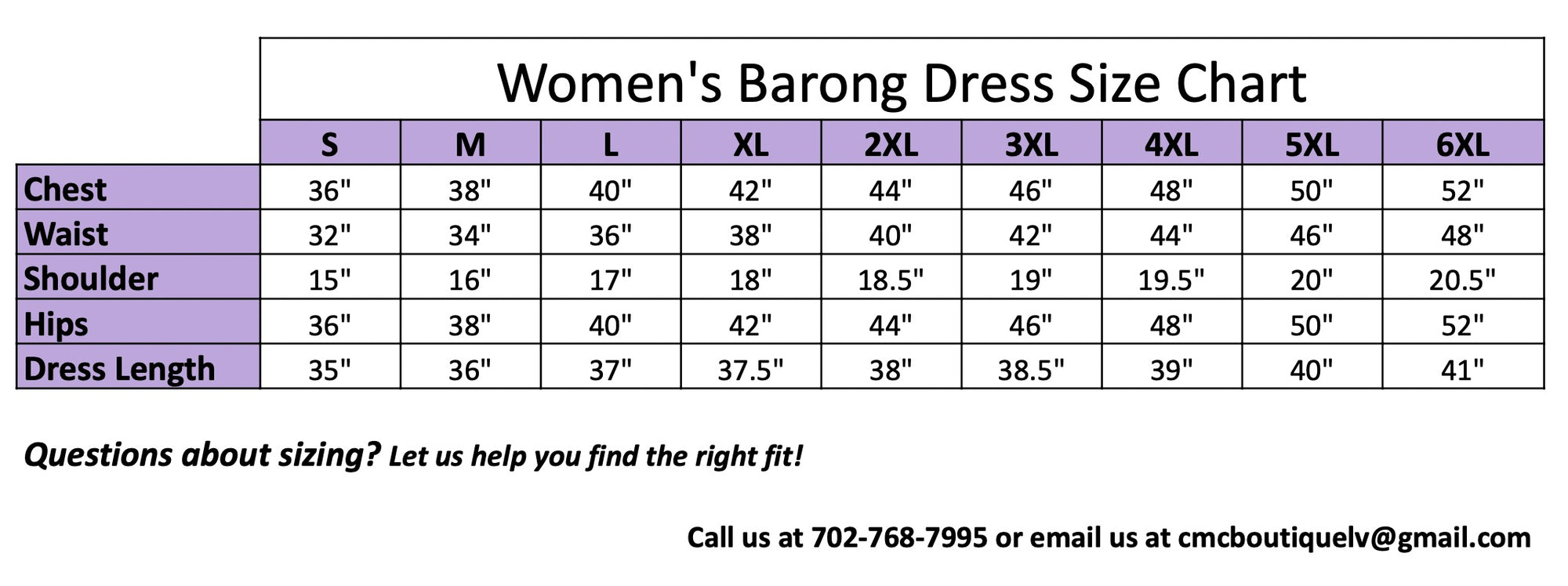 Sizing Chart – CMC Boutique LV