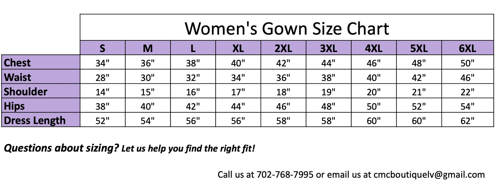 Sizing Chart – CMC Boutique LV