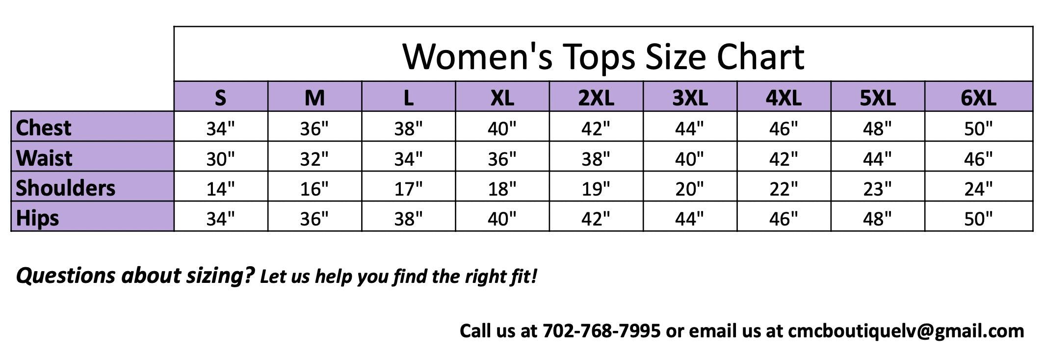 Sizing Chart – CMC Boutique LV